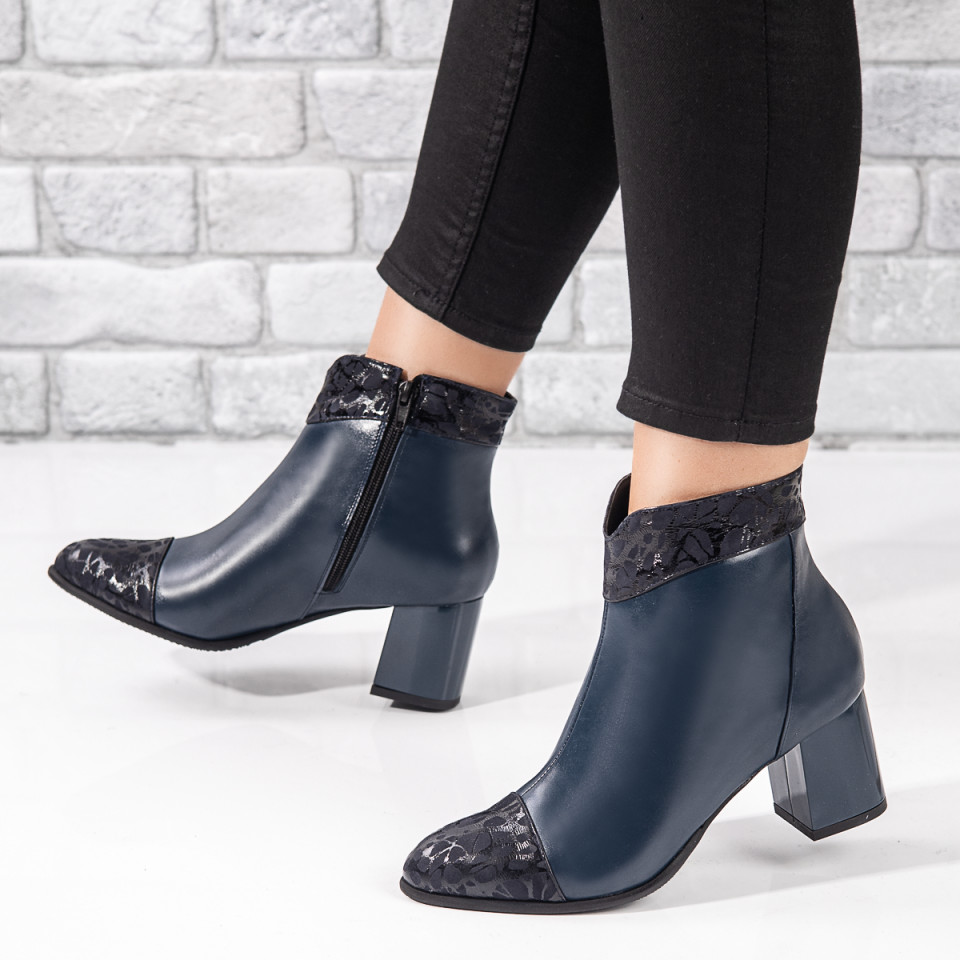 Botine dama cu toc gros albastre din Piele naturala ZEF10887 Zeforia