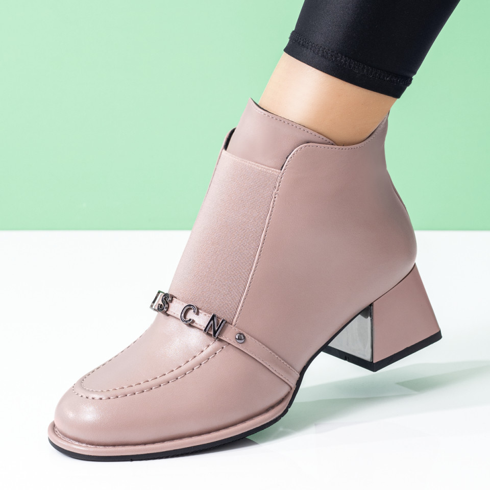 Botine dama cu toc gros si insertie de material elastic roz ZEF07958 ...